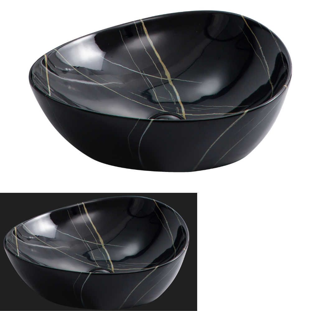 Black 3 pointed basin with light marbal design Basin – Pre Start Gallery